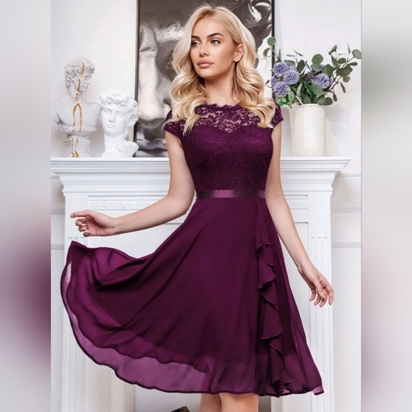 Dresses | New Sheer Floral Lace Chiffon Ruffle Dress Purple | Poshmark